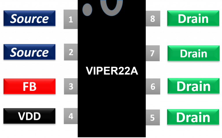 VIPER22A SMPS Controller IC: Pinout, Example Circuit, Features & Spec
